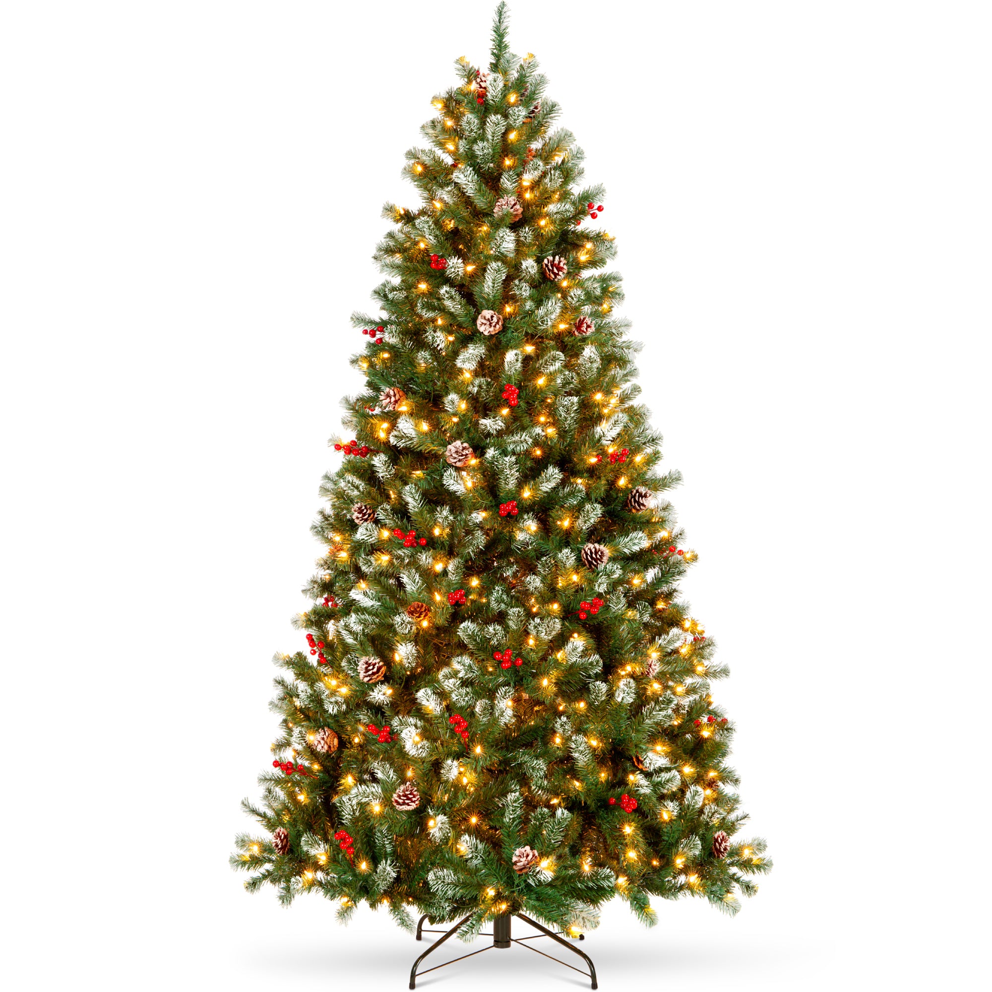 Pre-Lit Frosted Spruce Christmas Tree, w/ Pinecones, Berries, Metal Ba ...