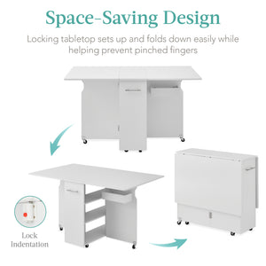 Multipurpose Folding Table w/ Wheels, 3 Storage Shelves, Cubby, Handle ...