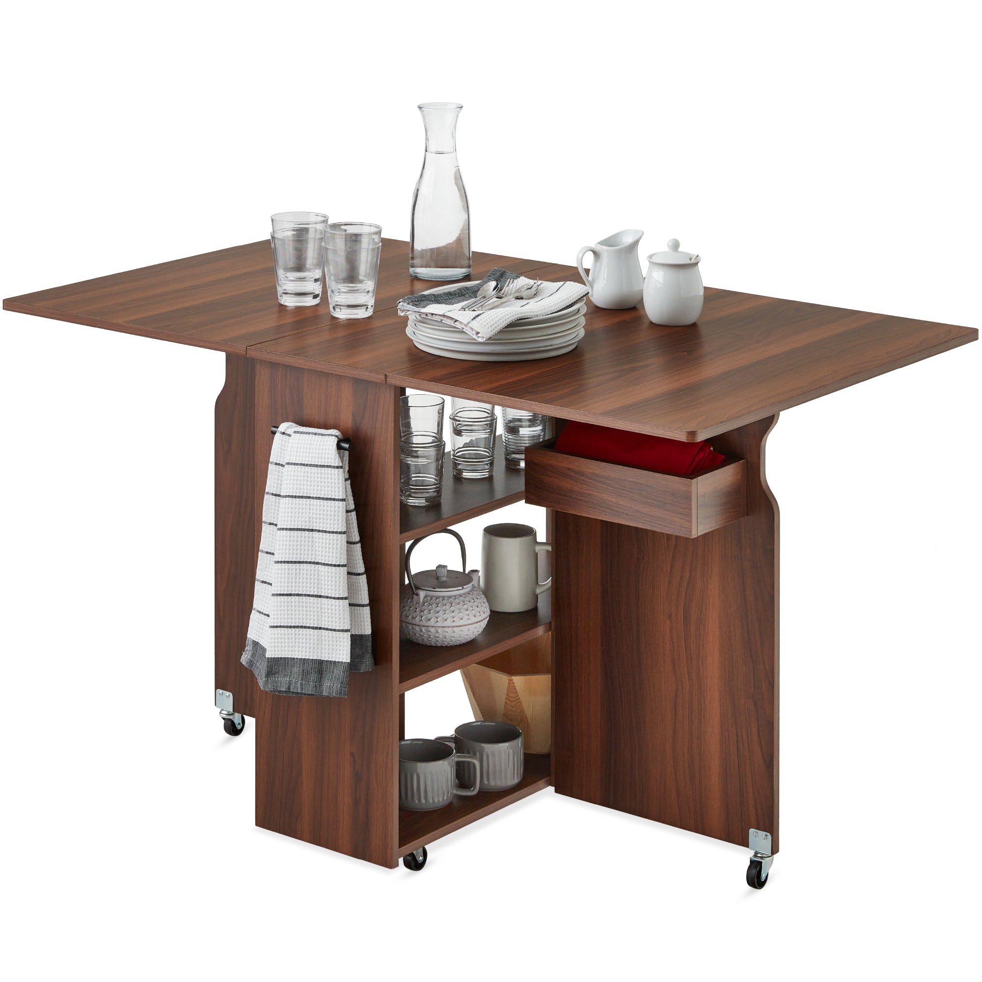 Multipurpose Folding Table w/ Wheels, 3 Storage Shelves, Cubby, Handle ...